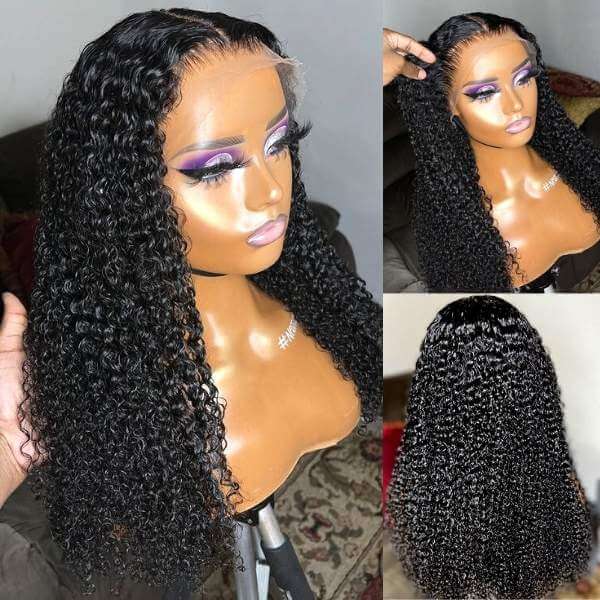 Afro Curly Invisible Lace Glueless Frontal Lace Wig 100% Human Hair ...